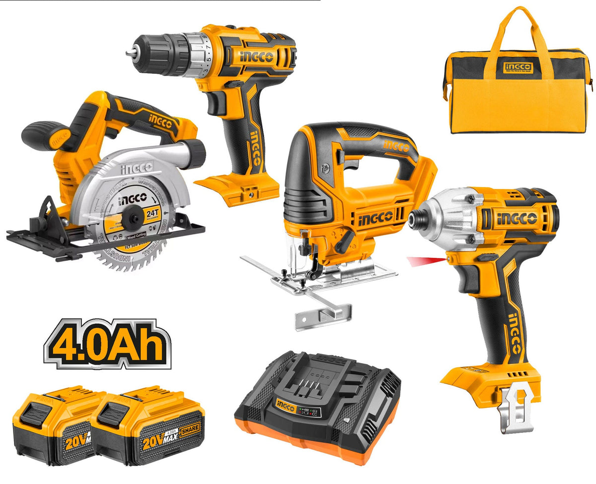 Ingco CKLI2010 20V Li-Ion Cordless 4pcs Combo Kit Drill,Driver,JIgsaw ...